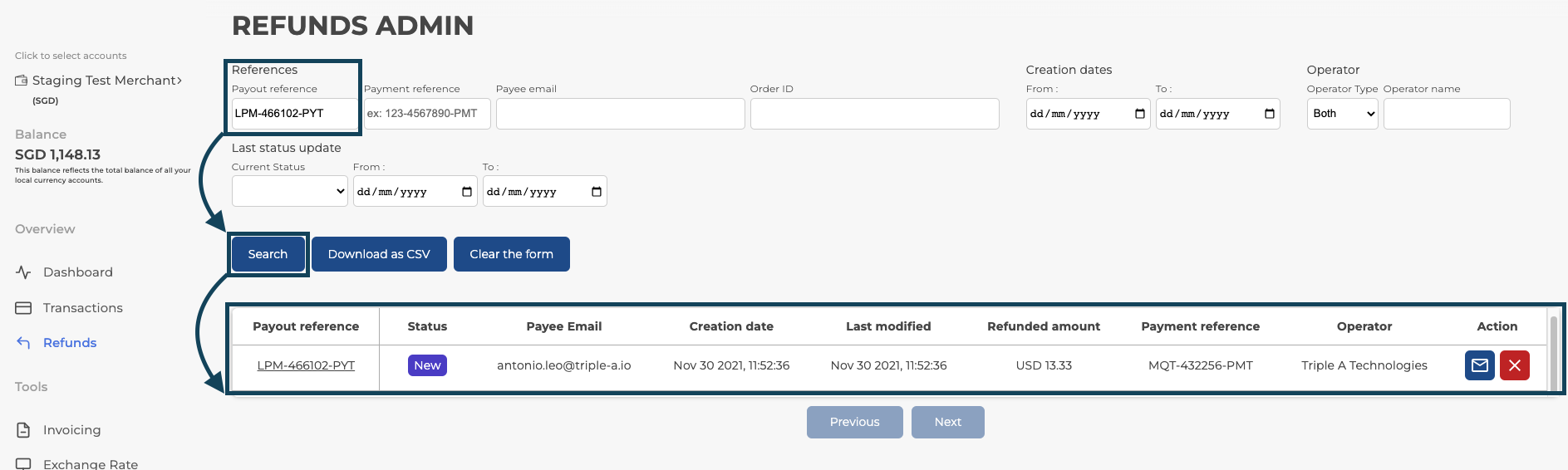 How do I process refunds to my customers on the dashboard?
